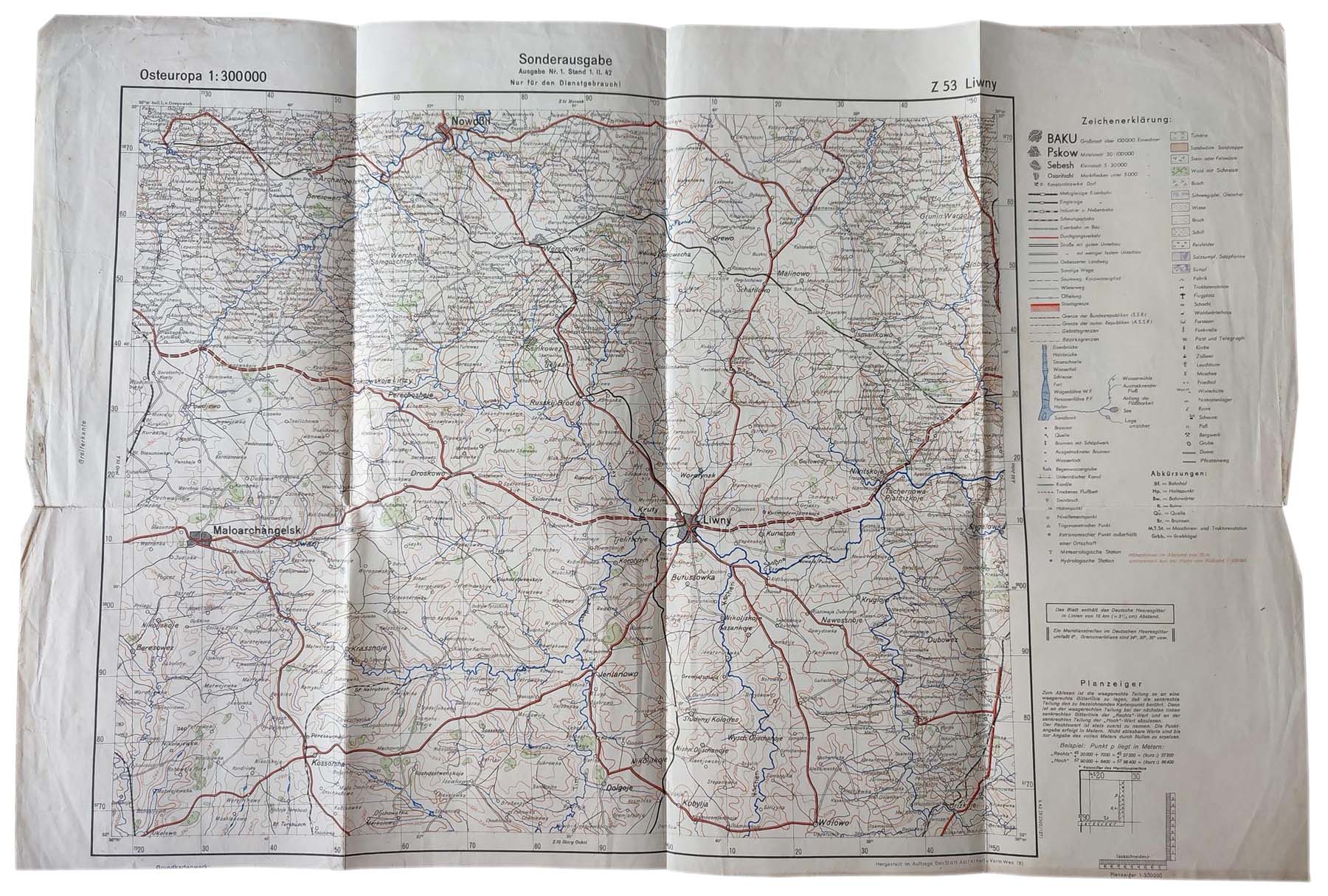 German army map sheet Z 53 Liwny (Russia) at scale 1 : 300 000, 1942