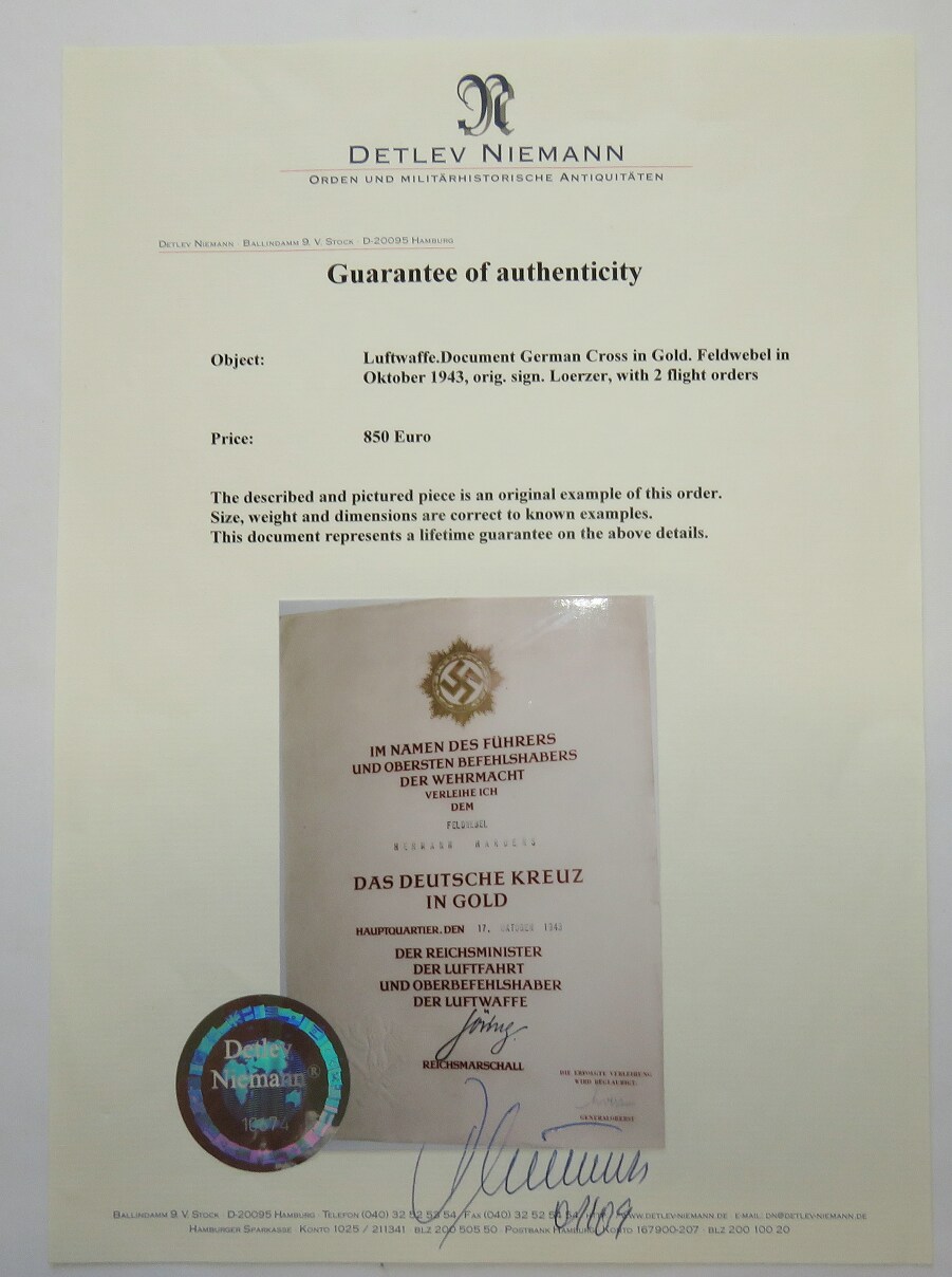 Award certificate for the German cross in gold, issued to Feldwebel ...