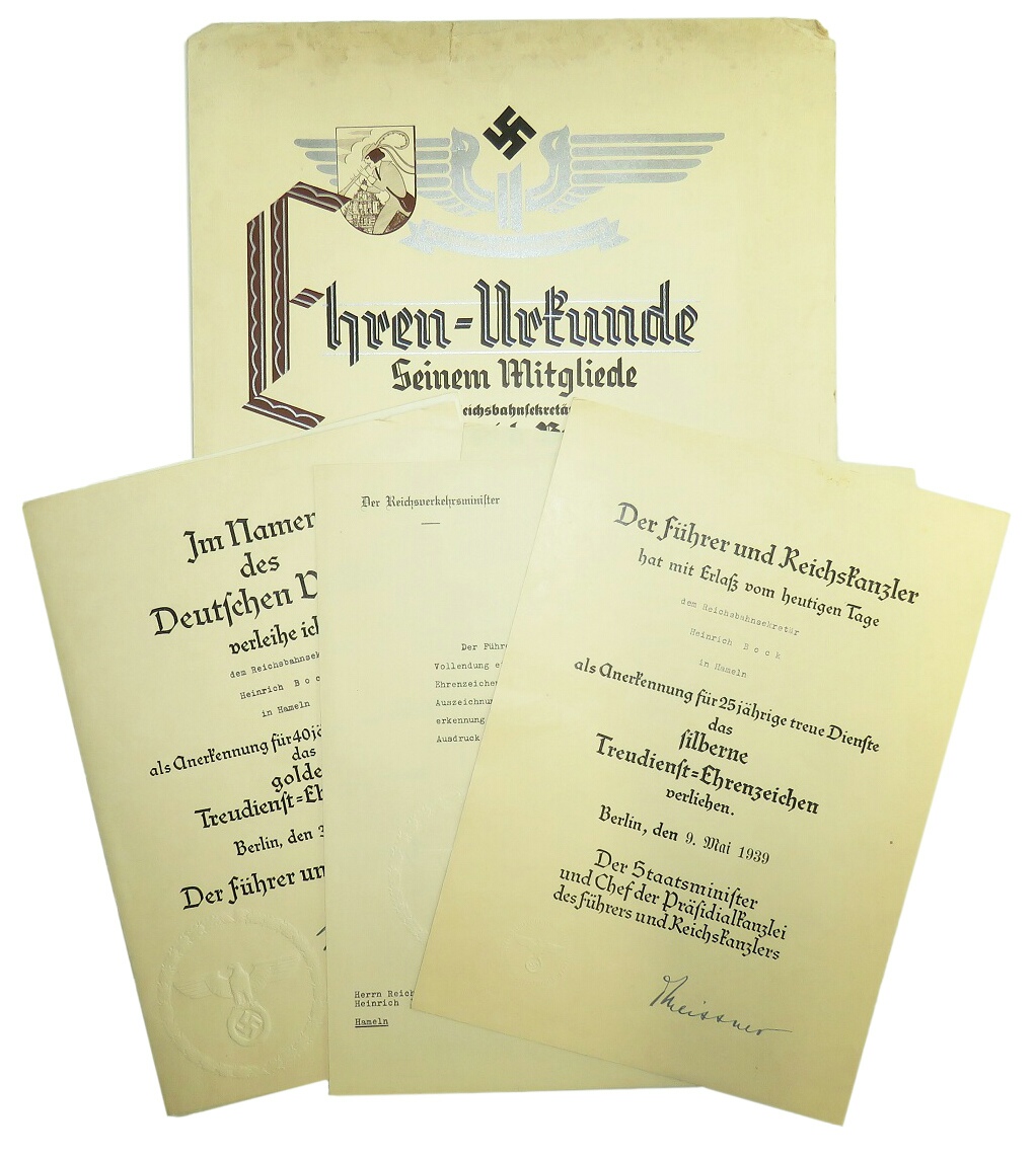 A set of award documents for a railway official of the Third Reich