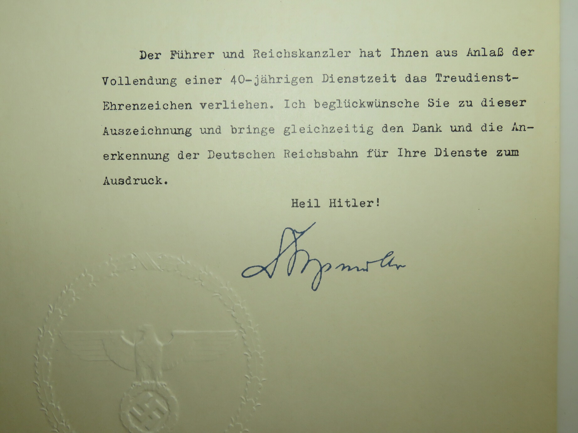 A set of award documents for a railway official of the Third Reich